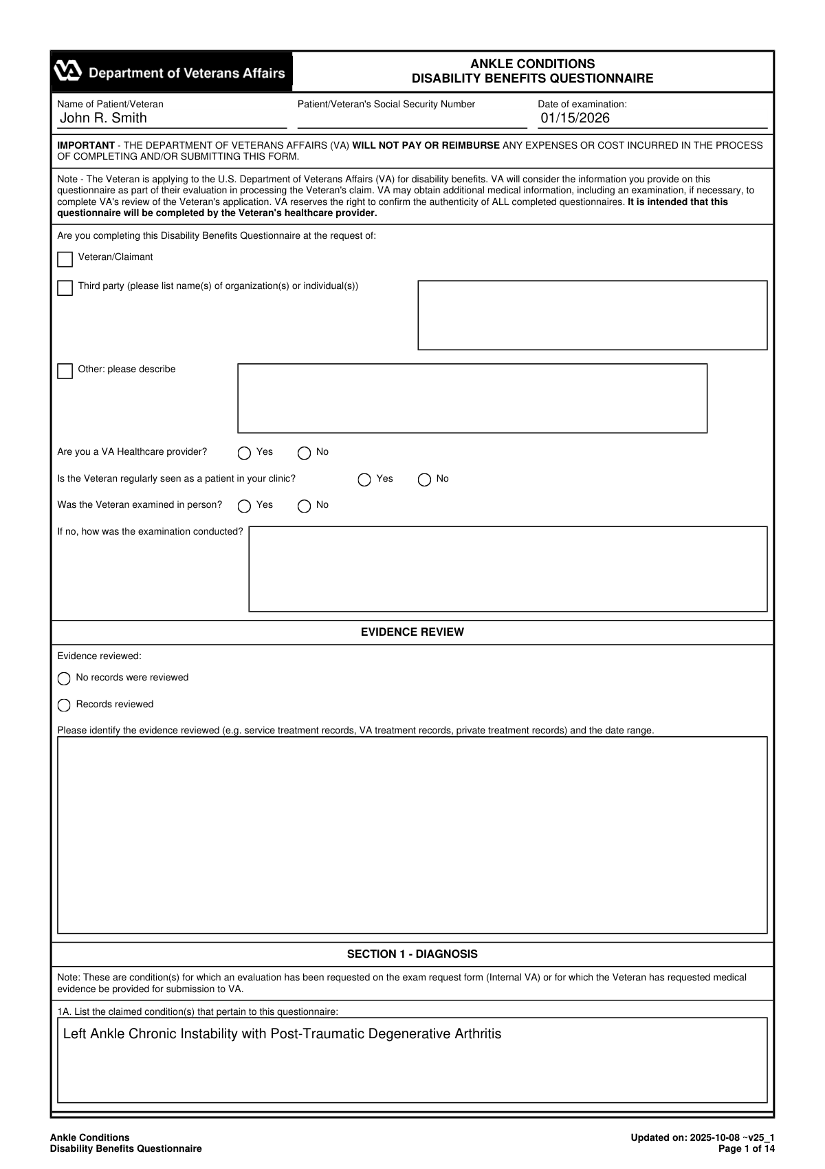 Ankle Conditions Disability Benefits Questionnaire Examples and Samples