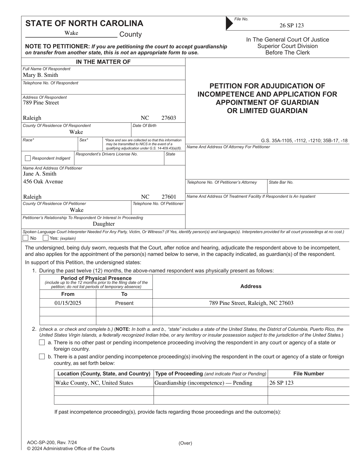 AOC-SP-200, Petition for Adjudication of Incompetence and Application ...