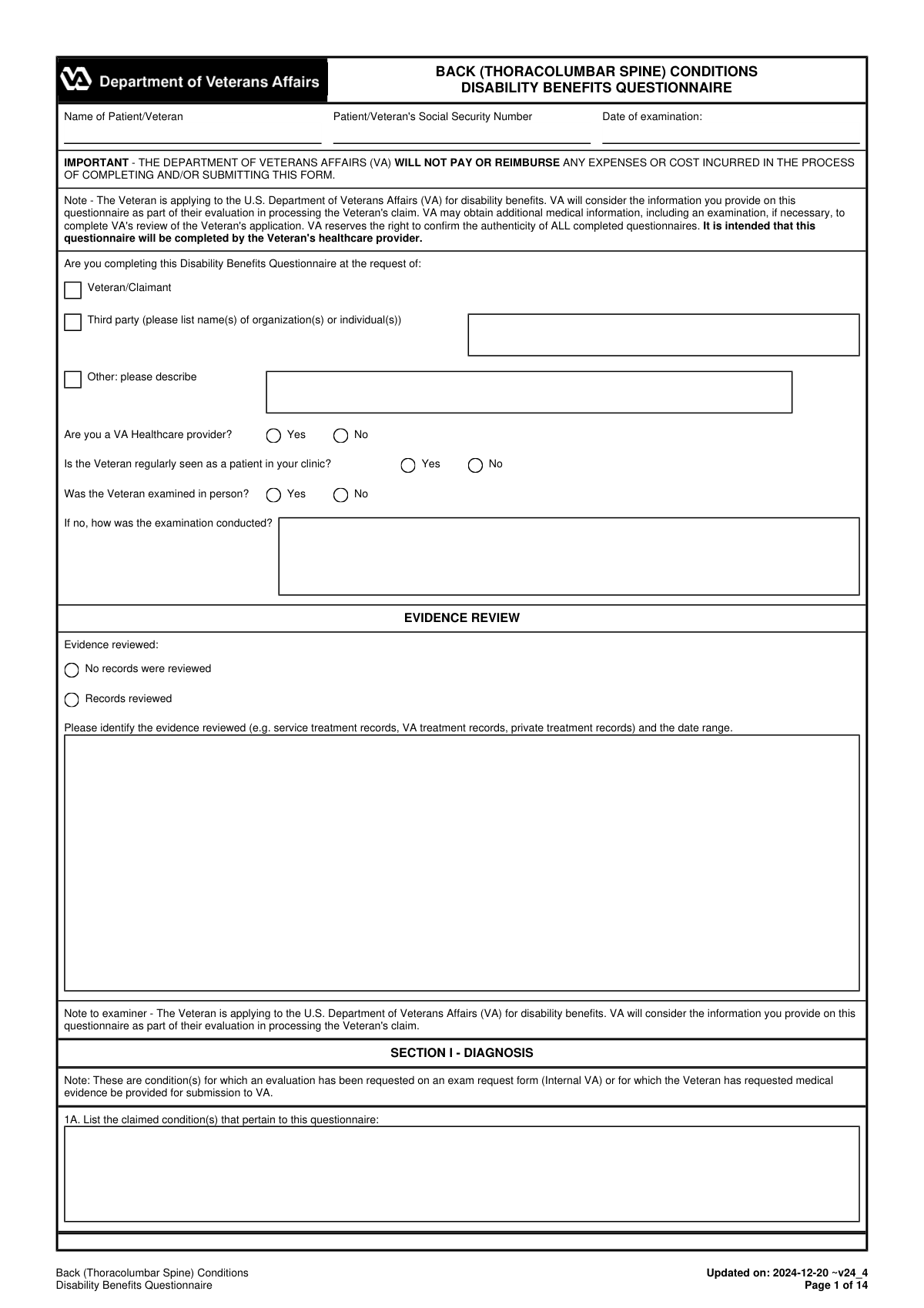 VA DBQ - Back (Thoracolumbar Spine) | Instafill PDF Filler