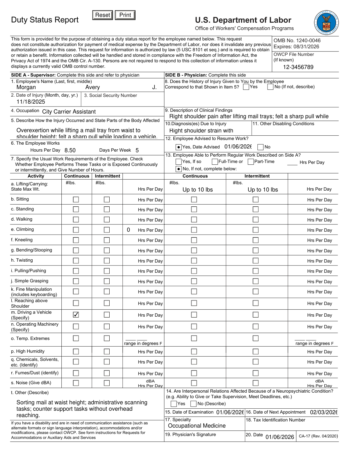 Form CA-17, Duty Status Report (U.S. Department of Labor, Office of ...