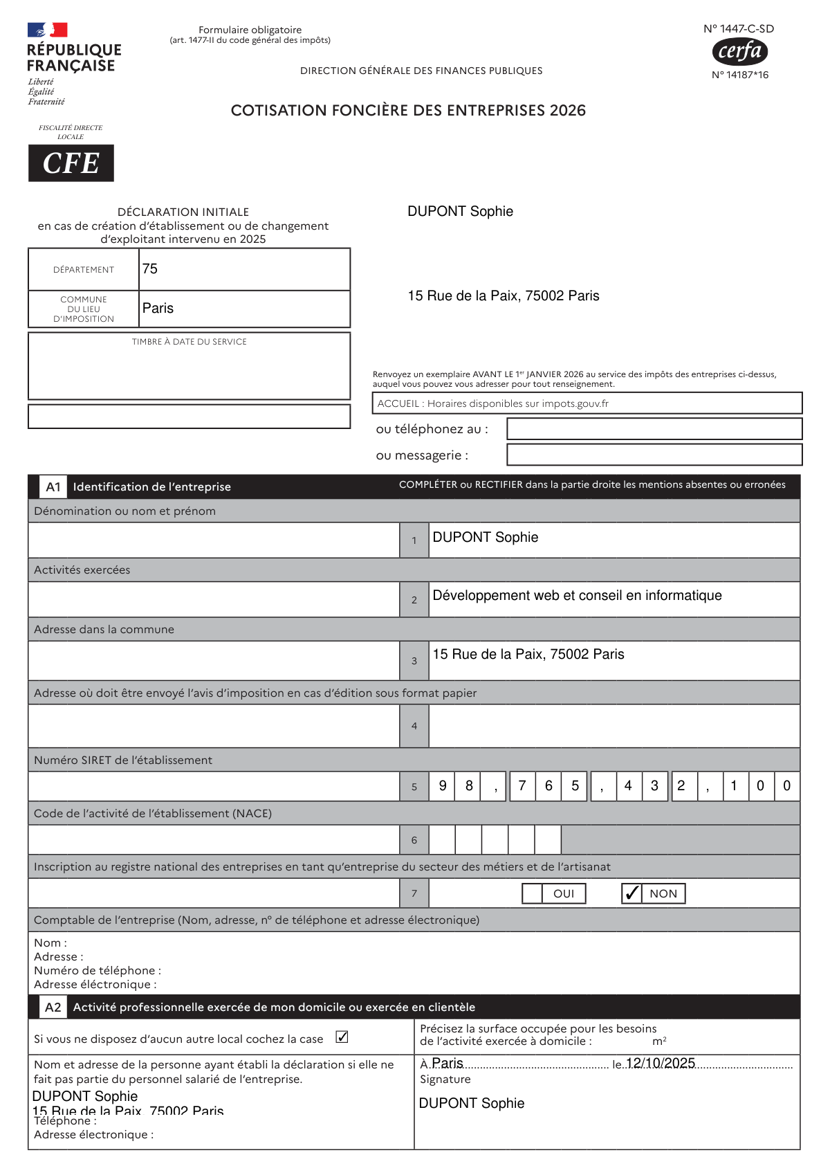 Formulaire n° 1447-C-SD (Cerfa n° 14187*16) — Cotisation Foncière des ...