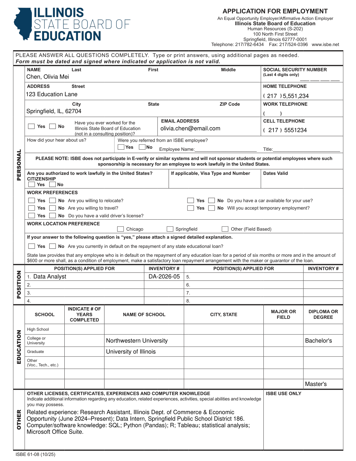 Illinois State Board of Education (ISBE) Application for Employment ...