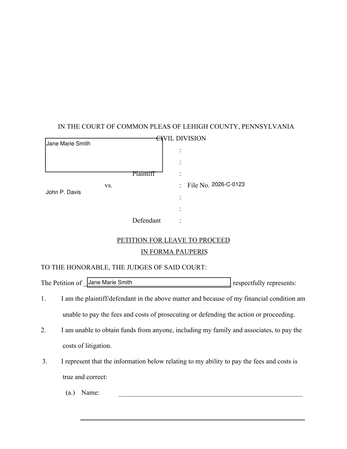 Petition for Leave to Proceed In Forma Pauperis (Court of Common Pleas ...