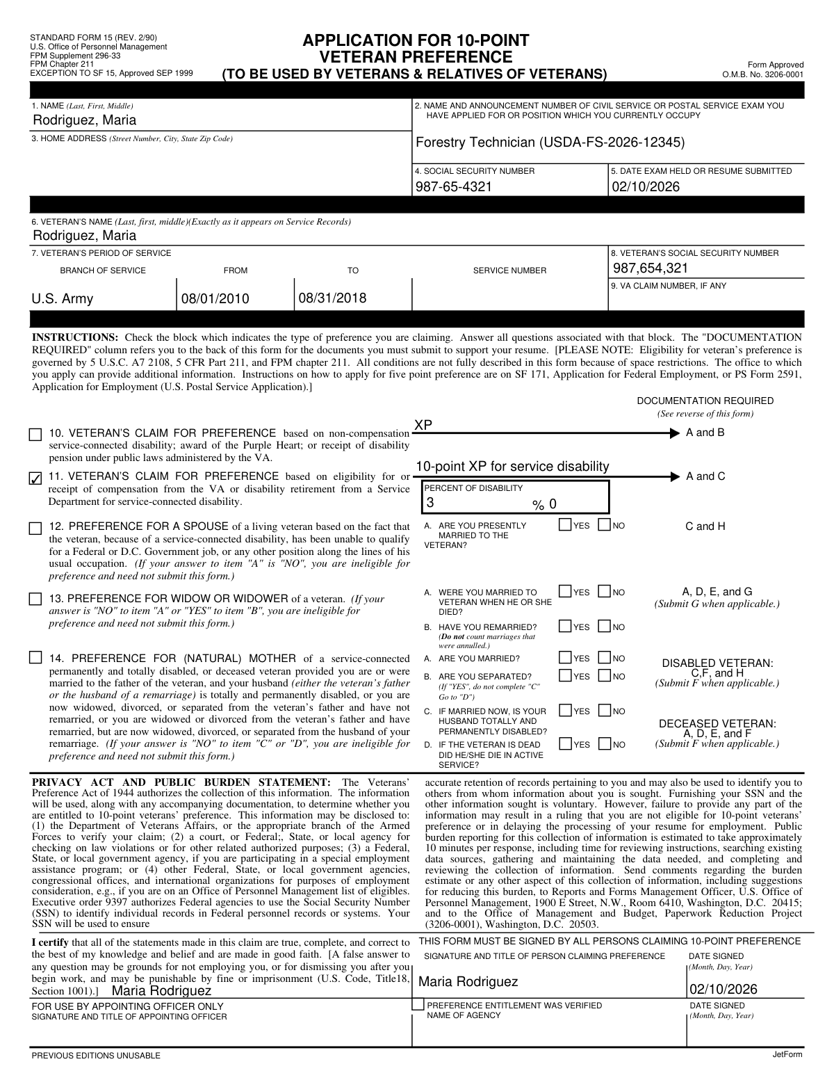 Standard Form 15 (SF 15), Application for 10-Point Veteran Preference ...